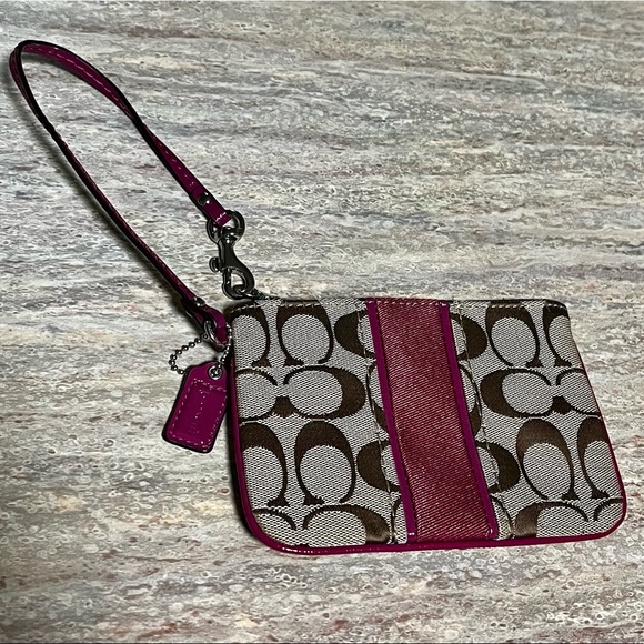 Coach | Bags | Coach Monogram Wristlet Tan And Burgundy | Poshmark